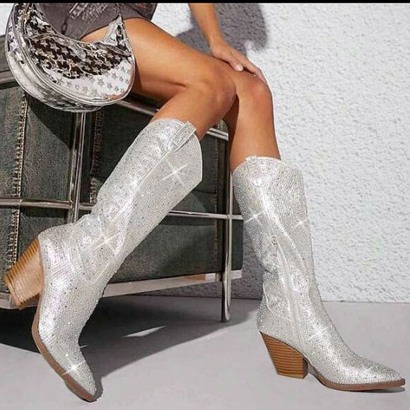 Shoes | New Womens Silver Blingy Rhinestone Cowboy Western Knee High ...